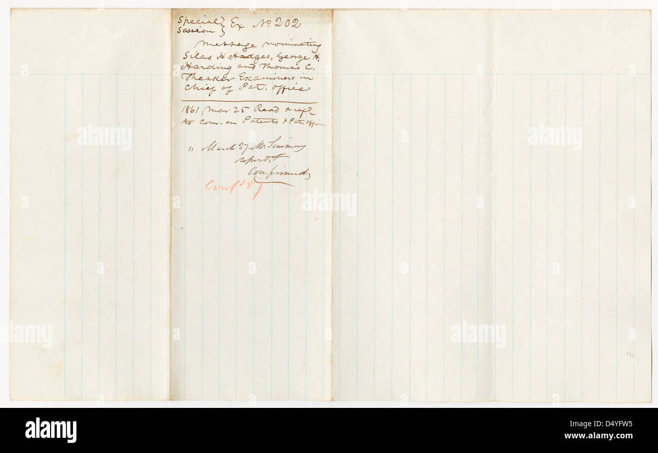 A message from President Abraham Lincoln in 1861 nominating Silas H ...