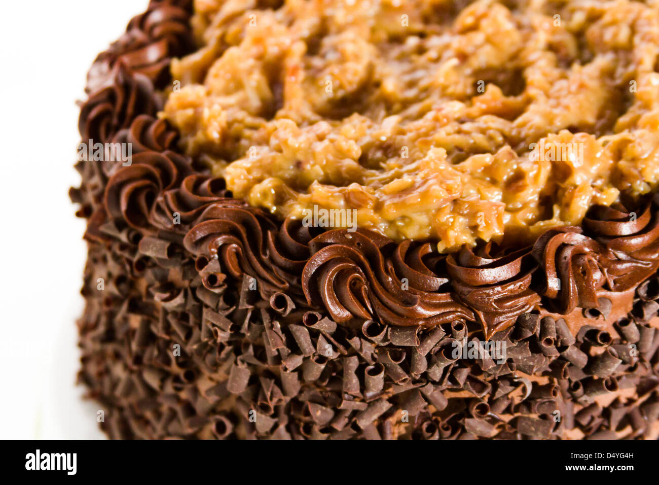 German chocolate cake with two layers of chocolate cake filled and ...