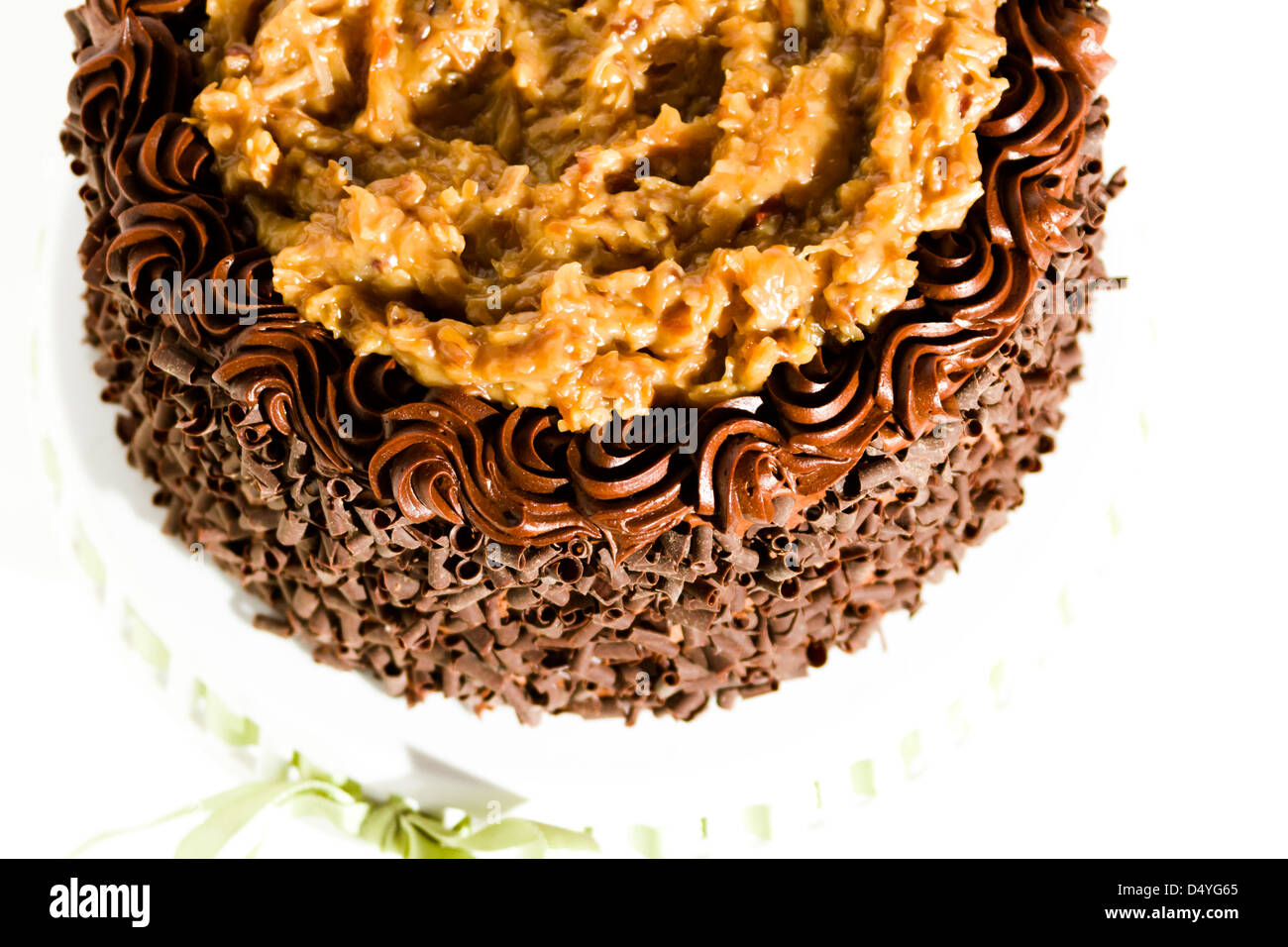 German chocolate cake with two layers of chocolate cake filled and ...