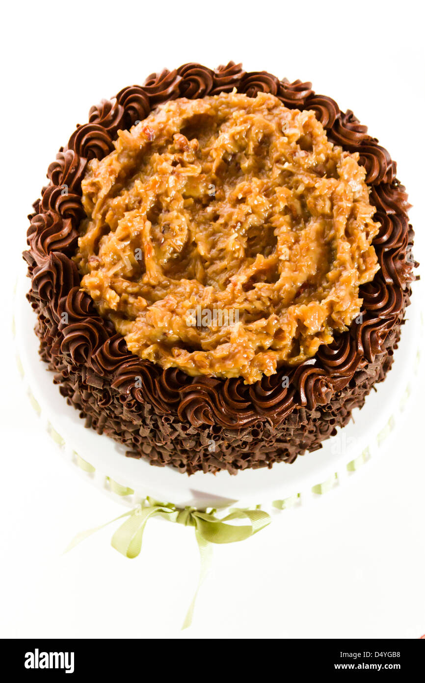 German chocolate cake with two layers of chocolate cake filled and ...
