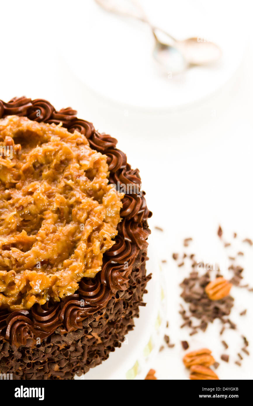 German chocolate cake with two layers of chocolate cake filled and ...