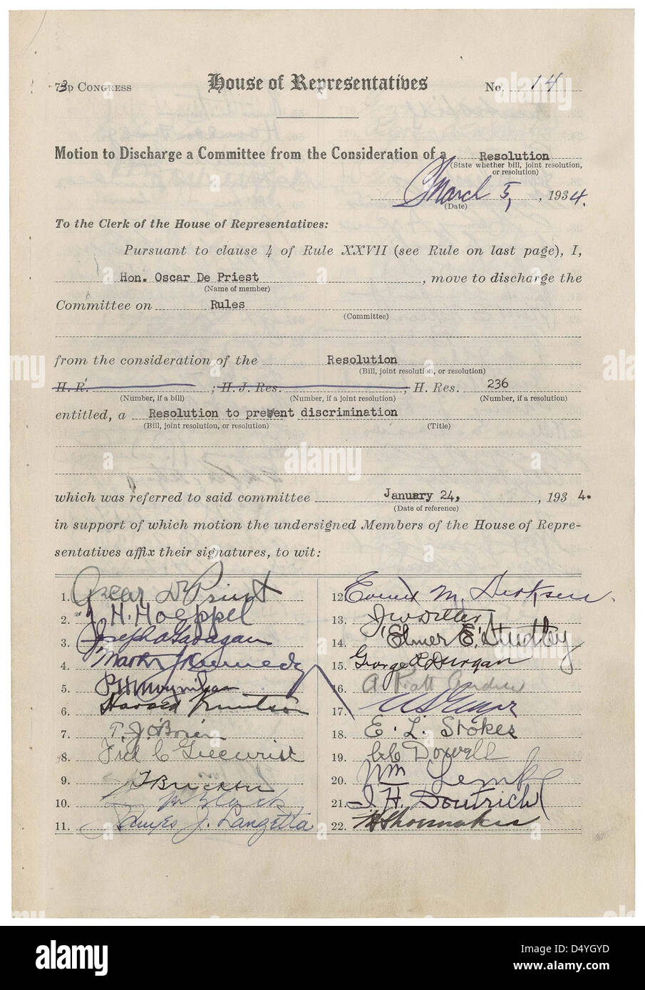 A historical document showing Discharge Petition #14 filed by Oscar De ...