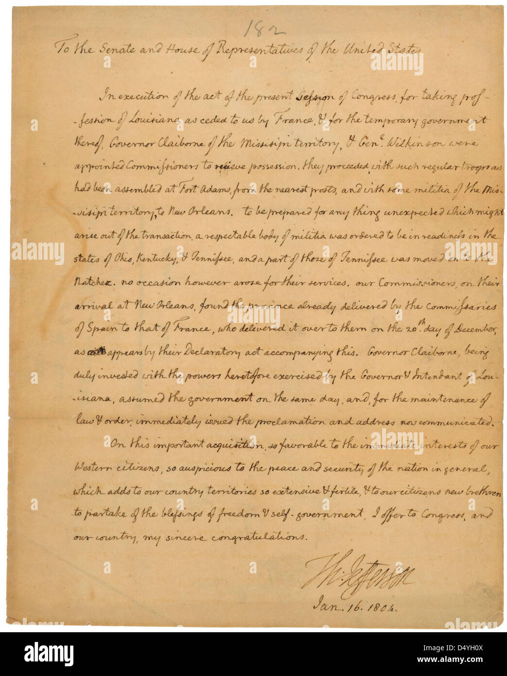 A message from President Thomas Jefferson to Congress dated January 16 ...