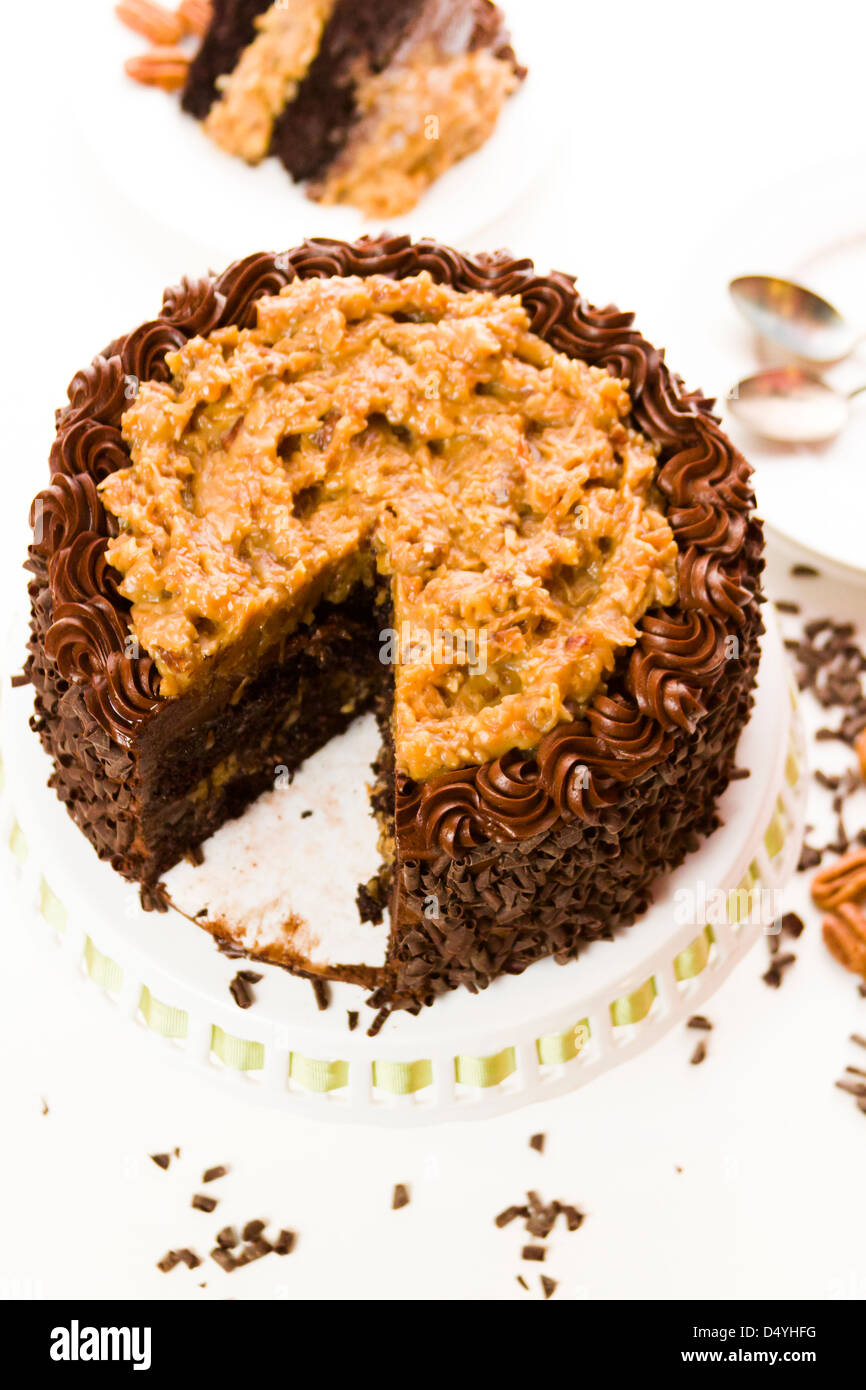 German chocolate cake with two layers of chocolate cake filled and ...