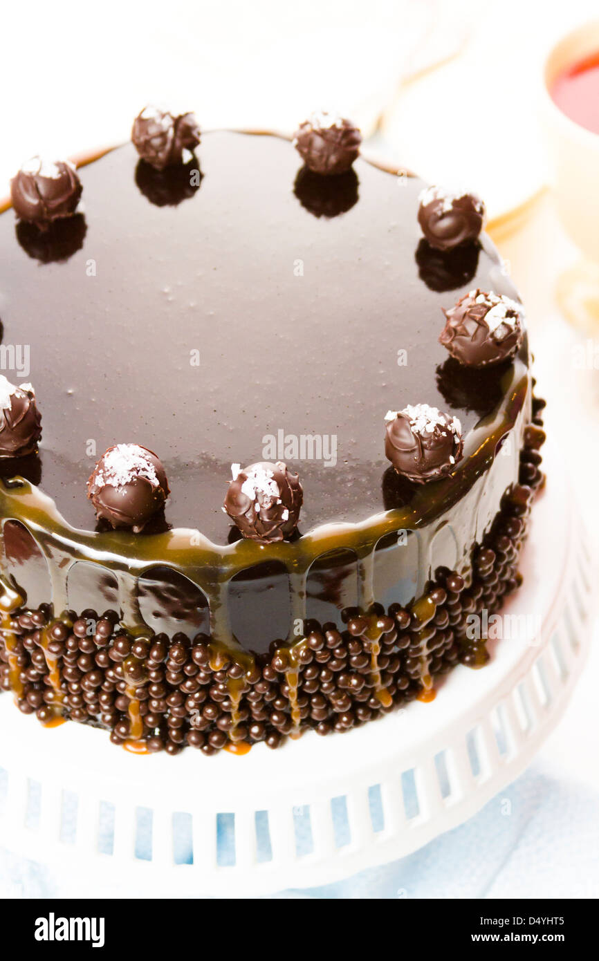 Salted caramel truffle torte with layers of chocolate cake filled with ...