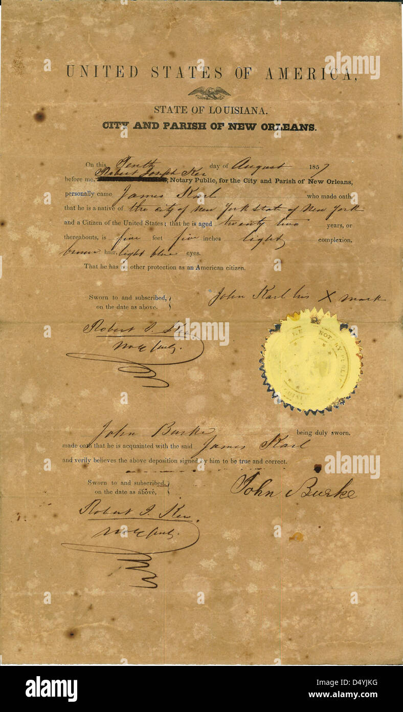 A notary form from 1857 with the seal for John Karl, documented at the ...
