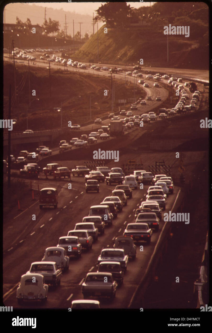 This 1973 image captures morning rush hour traffic on the H-1 freeway ...