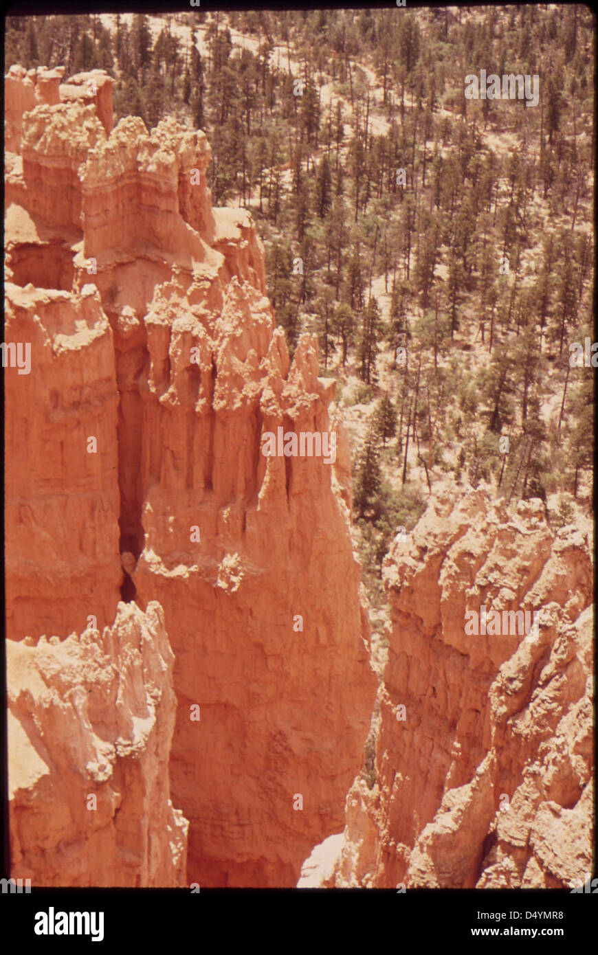 Rock spires shaped by erosion, with a red hue from iron oxide deposits ...
