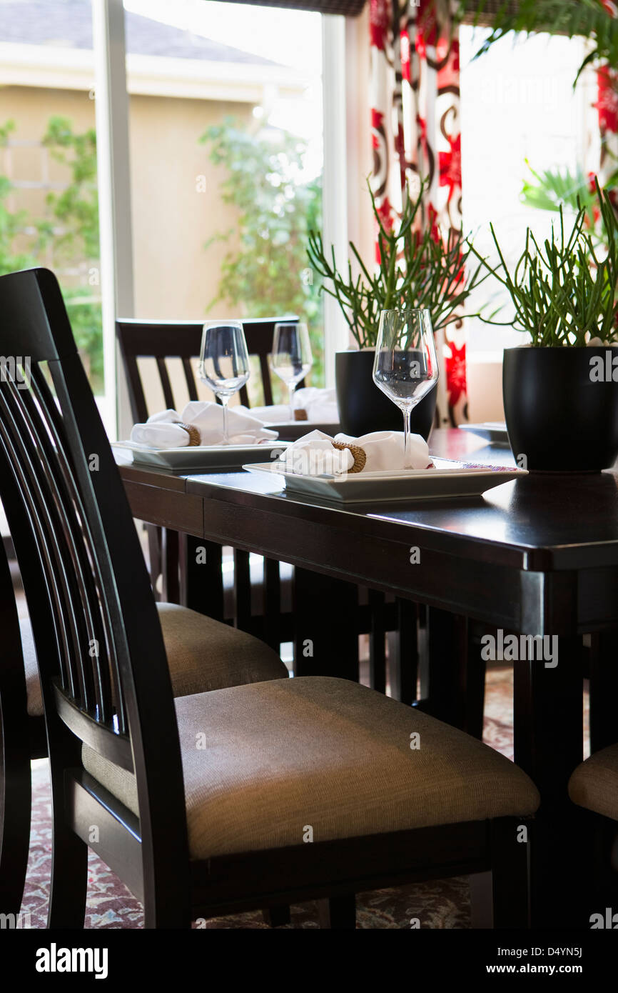 Place settings on traditional dining table, Tustin, California, USA ...