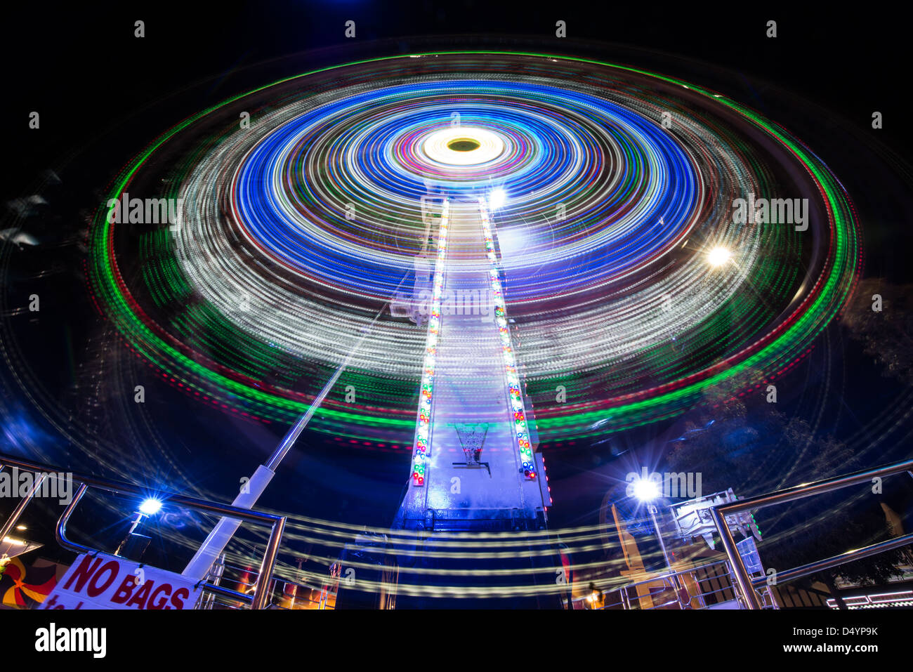 A night time view of the colorful rides at the Royal Melbourne Show ...