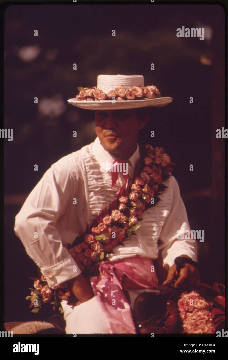 A 1973 photo showing participants dressed for the Aloha Day parade ...