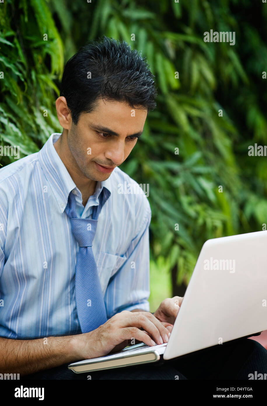 Businessman using a laptop in a park Stock Photo - Alamy