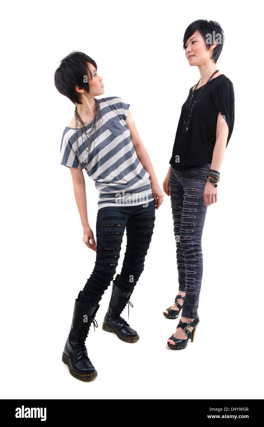 asian alternative rock girls having fun with isolated white background ...