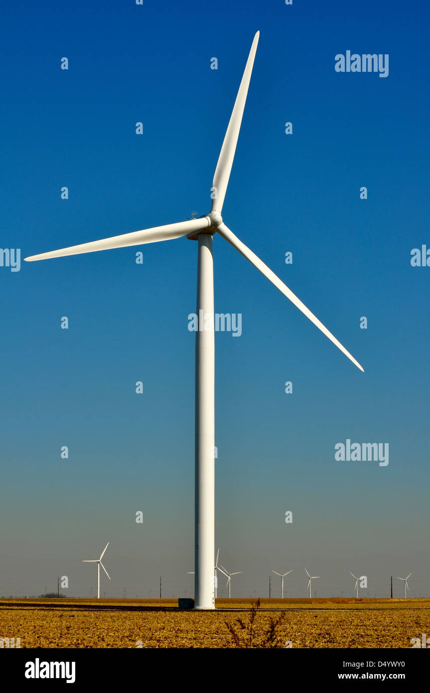 A windmill farm rotates over a Northwestern Indiana farm field Stock ...