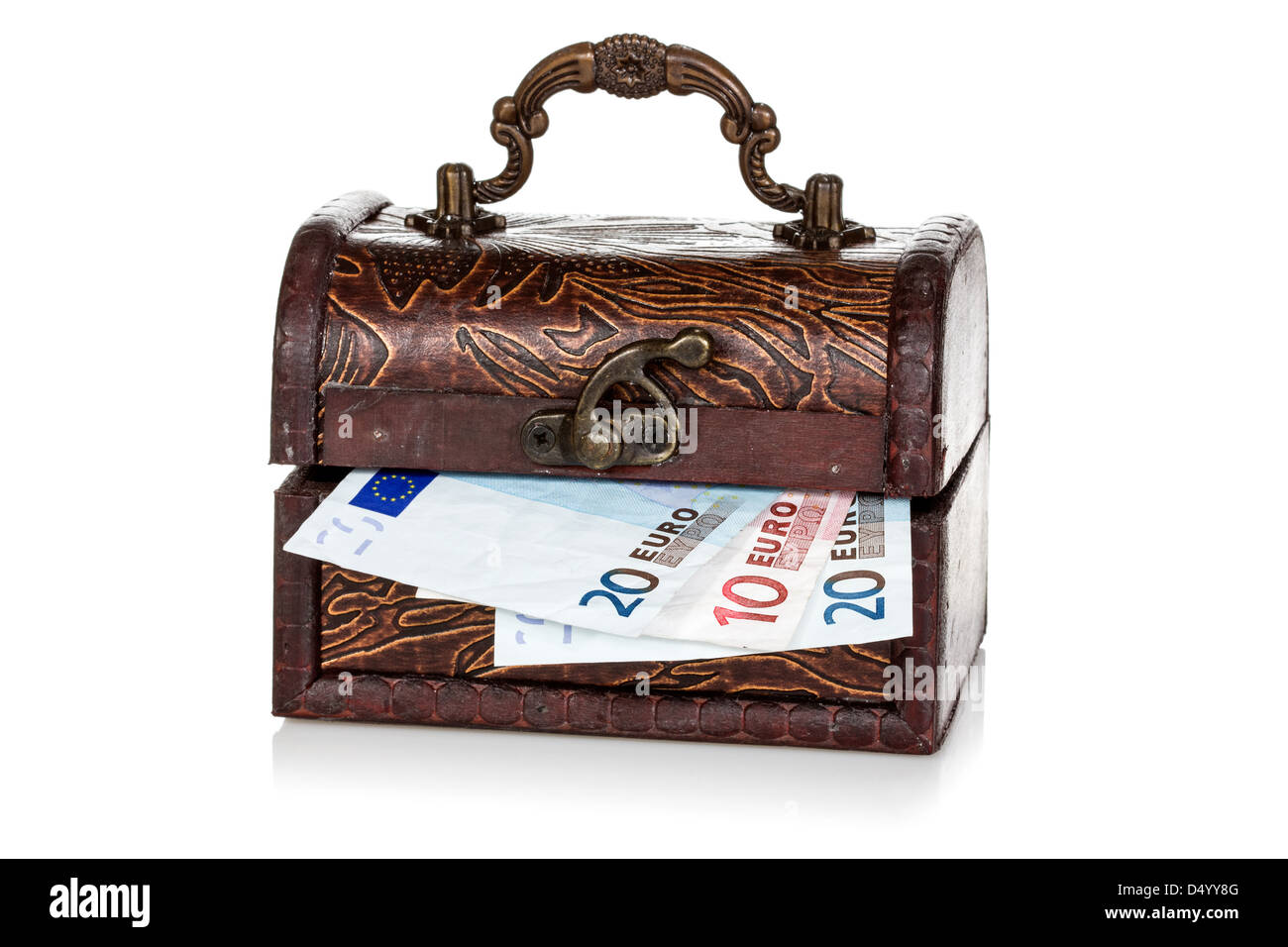 Wooden chest with Euro currency inside. Isolated on white background ...