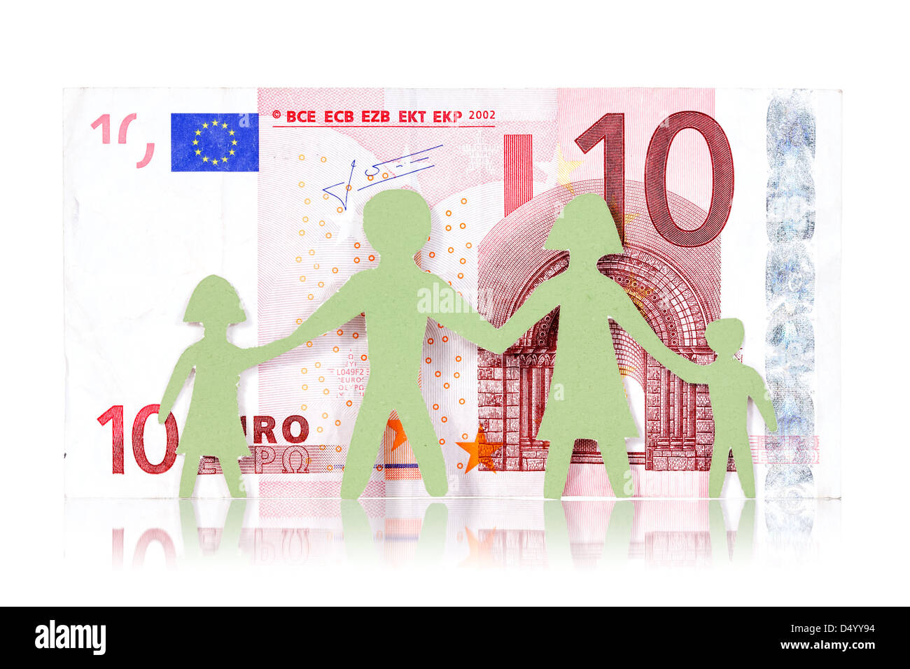 Monetary concepts. Paper family and ten Euro banknote on a white ...