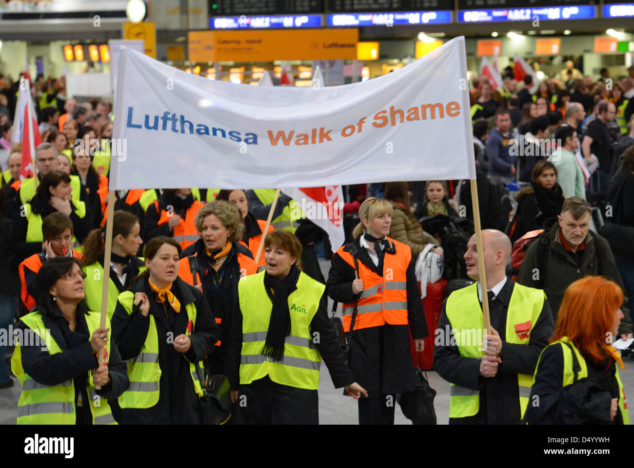 Lufthansa Employees hold a banner during a Lufthansa strike called by ...