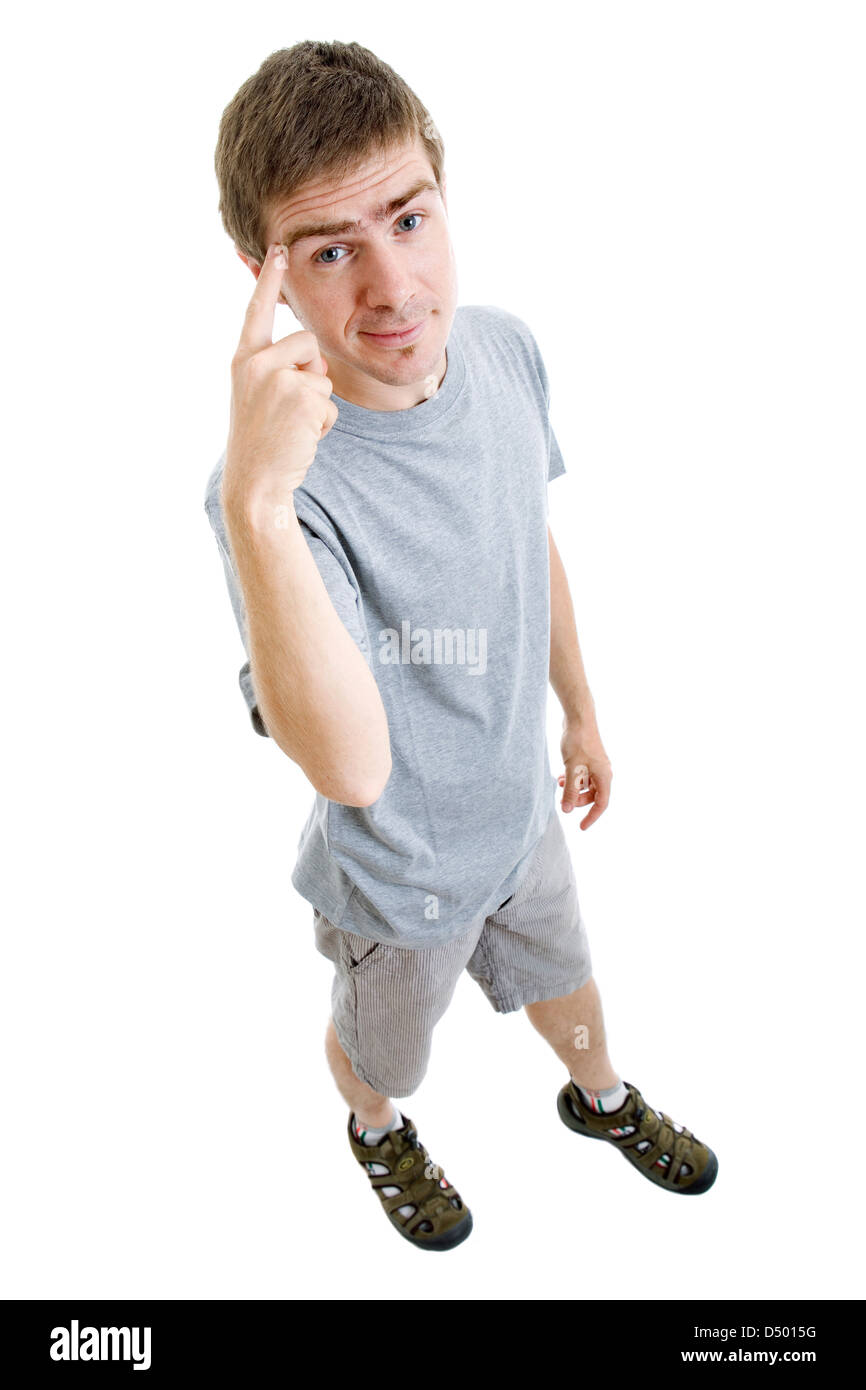 young casual man full body pointing to his head, isolated on white ...
