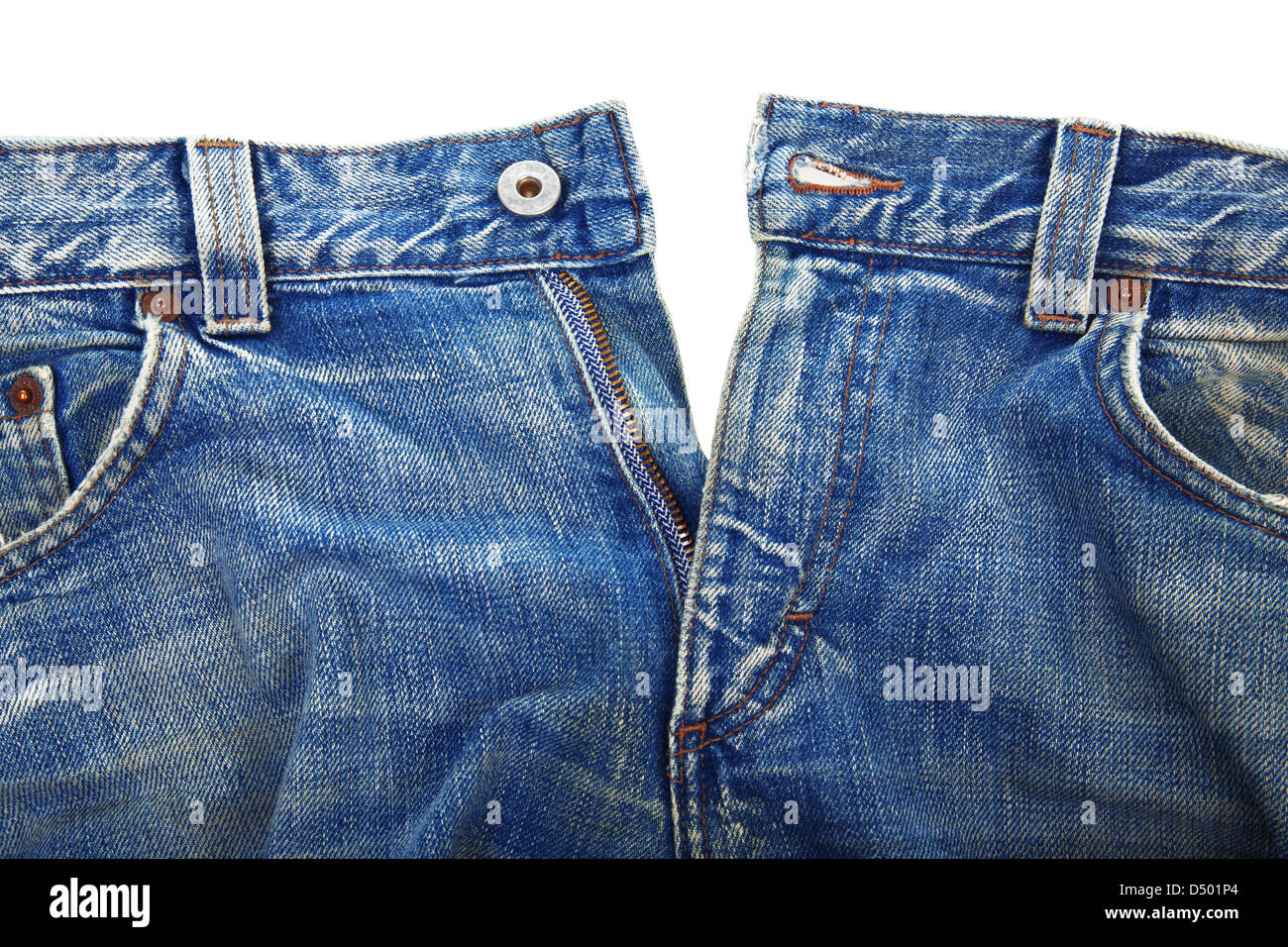 unbuttoned blue jeans isolated over white background Stock Photo - Alamy