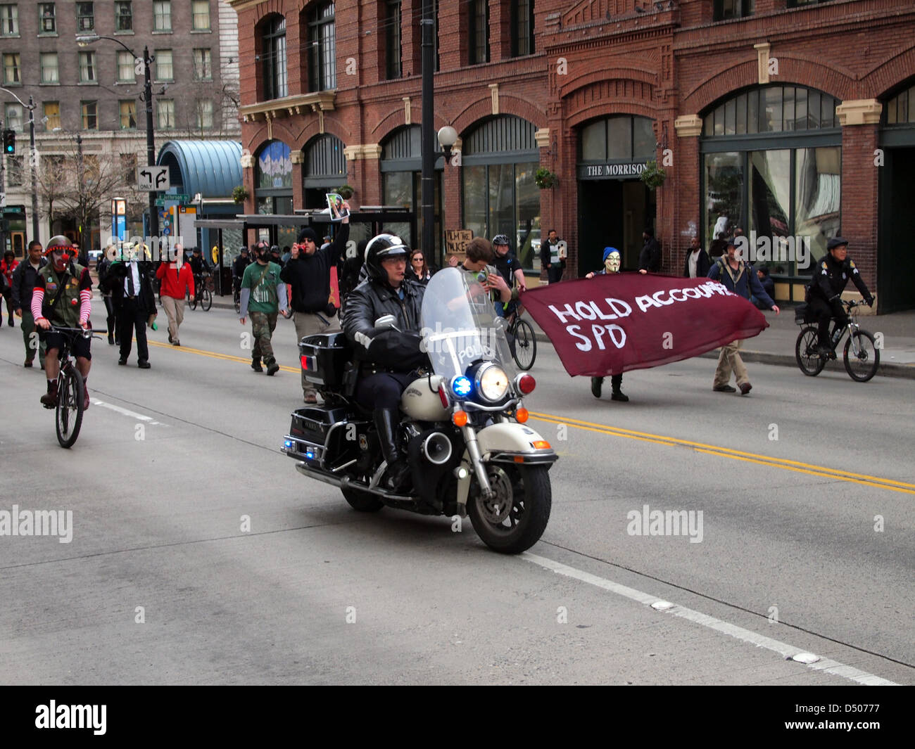 Seattle police department motorcyclist at an anti police demonstration ...