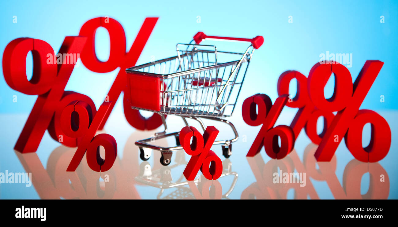 Shopping supermarket cart, percent sign Stock Photo - Alamy