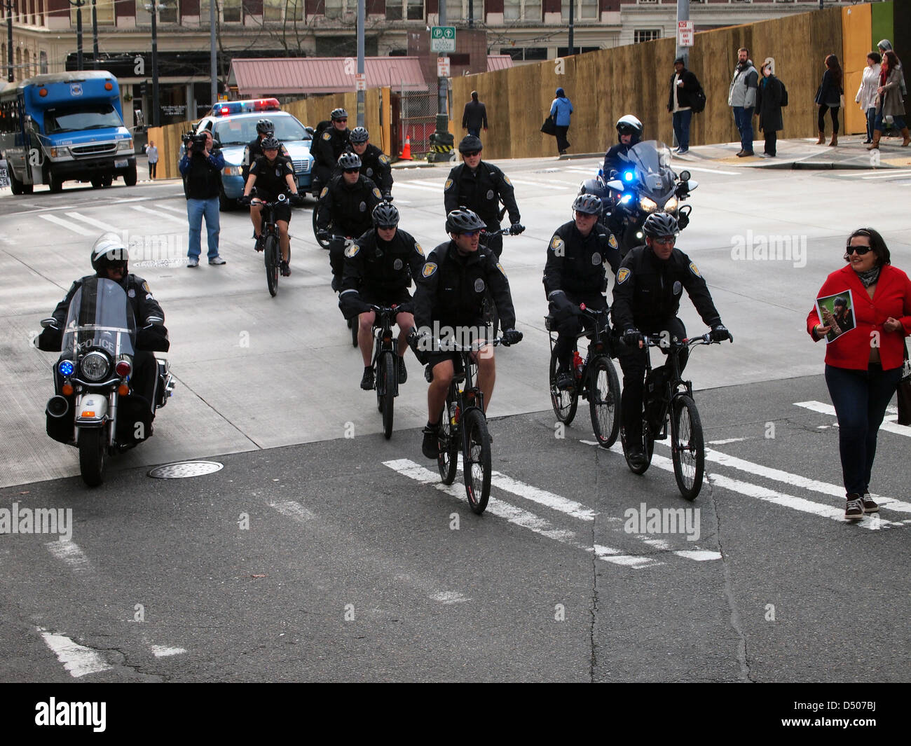Seattle police department motorcyclist and cycle officers at an anti ...