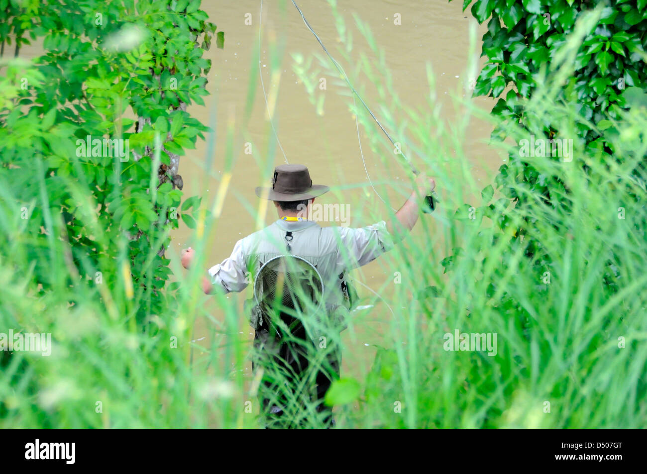 A man fly fishing in a river Stock Photo - Alamy