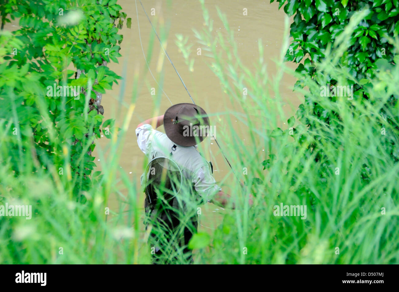A man fly fishing in a river Stock Photo - Alamy
