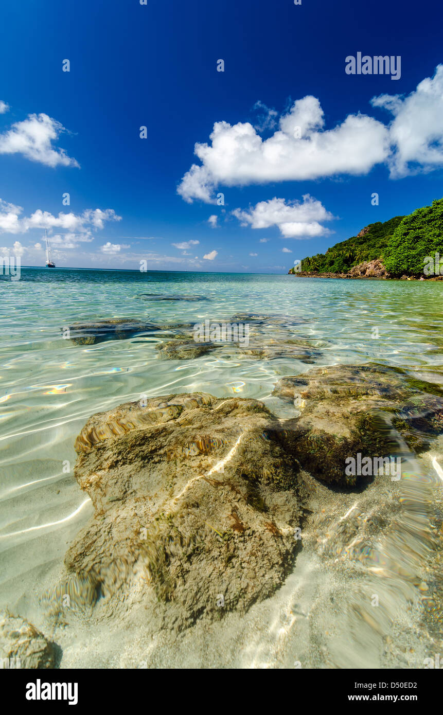 Rocks in clear Caribbean water with a yacht and lush green tropical ...