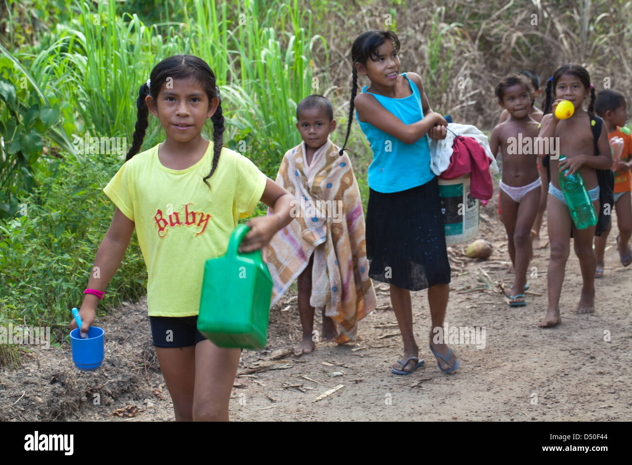Amerindian Girls Boys Of The Arawak Tribe On Their Way To The River To