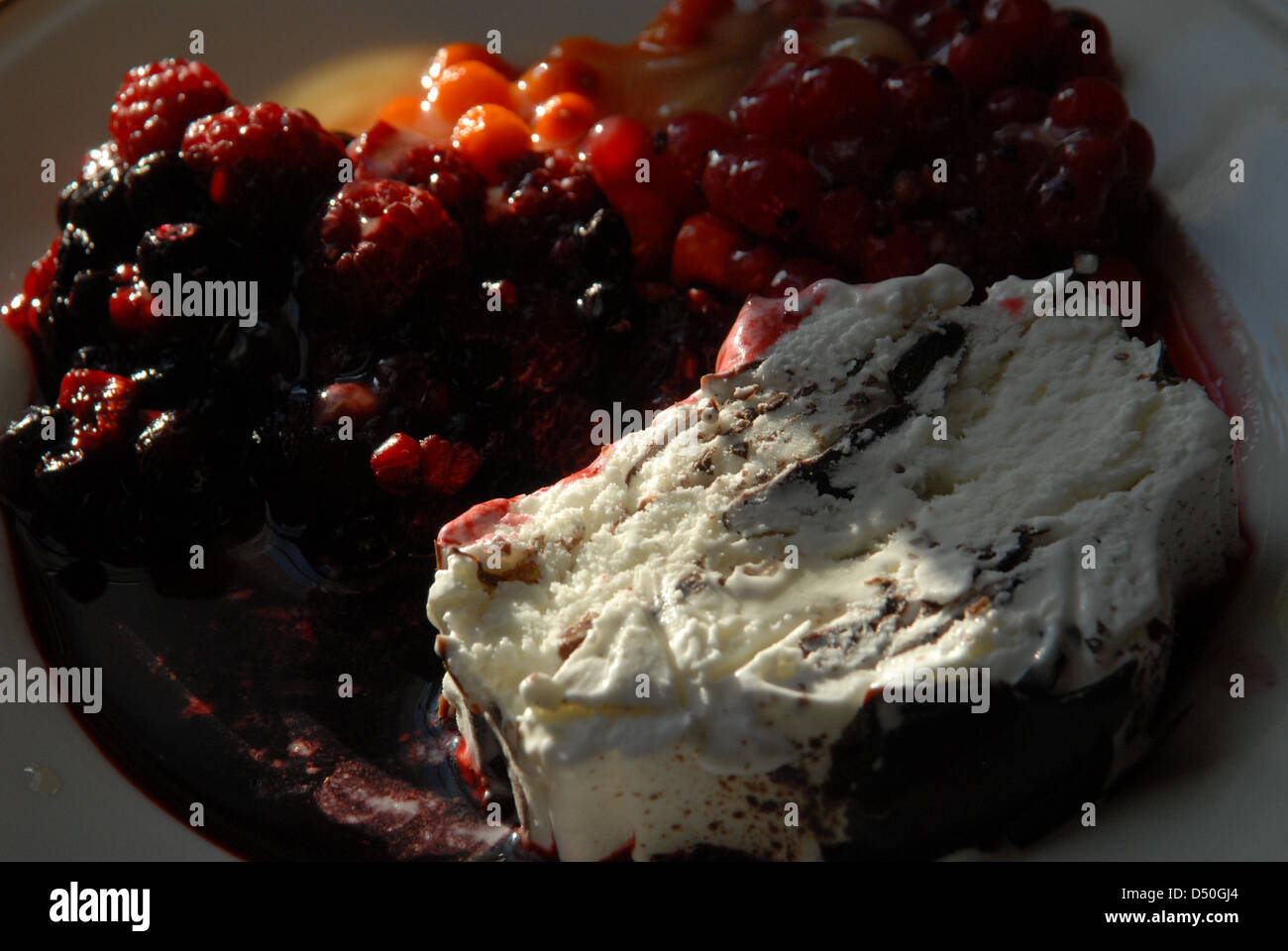 Vanilla and chocolate ice cream with raspberries, blackberries and ...
