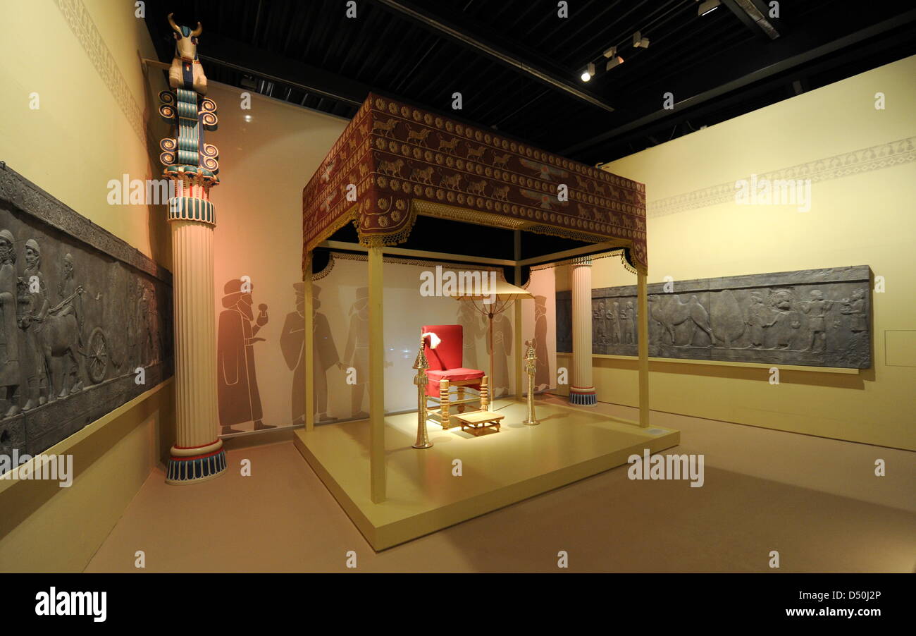 A replica of the Persian throne copied from a relief from Persepolis is ...