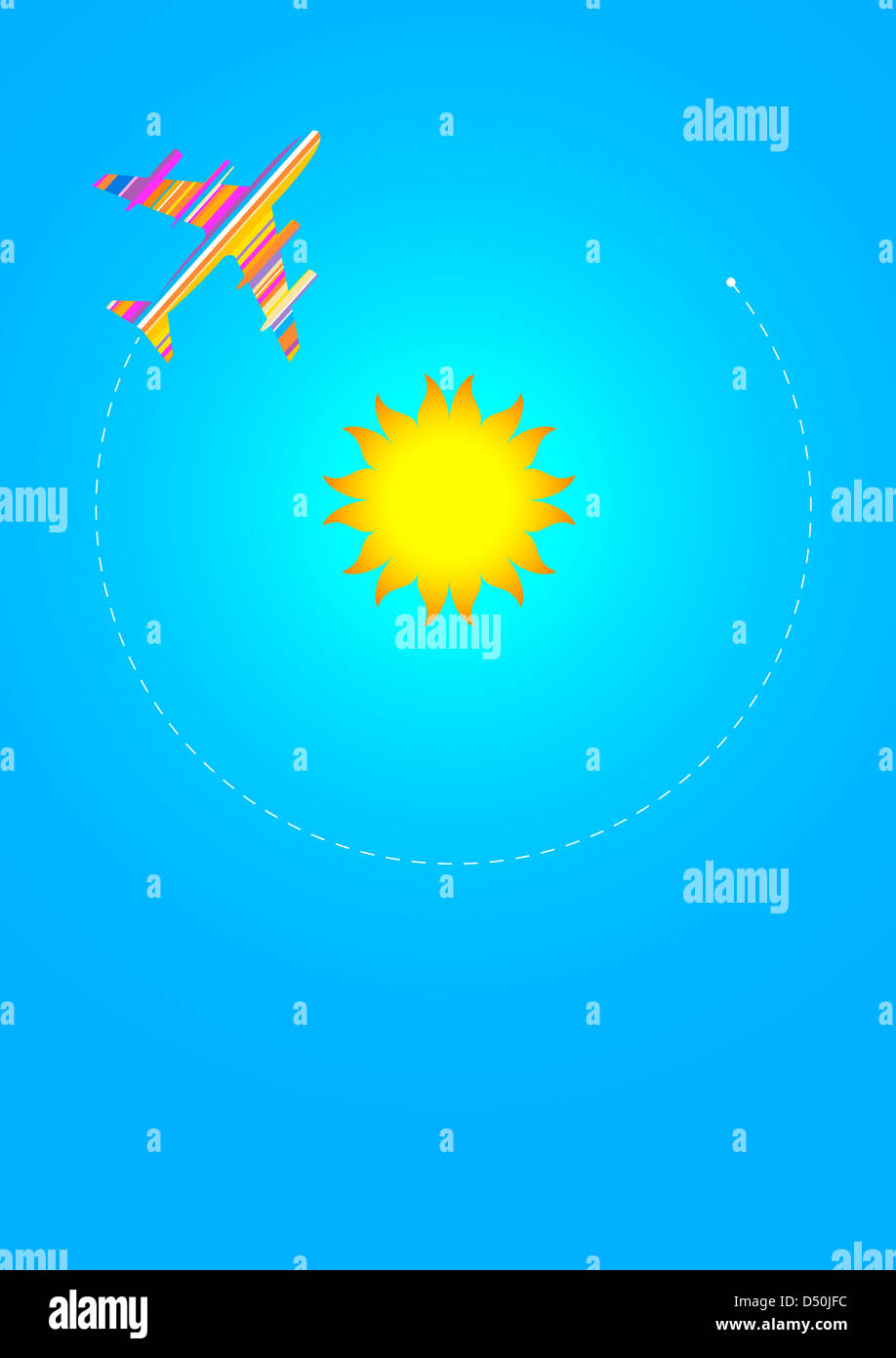 Vector Illustration of Airplane Flying Around The Sun Stock Photo - Alamy