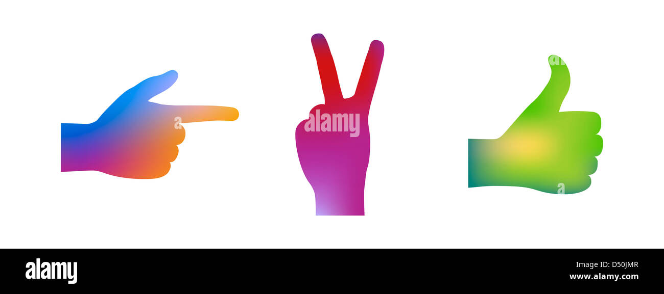 Silhouettes of Hand Pointing, Victory Signal, OK Signal Stock Photo - Alamy