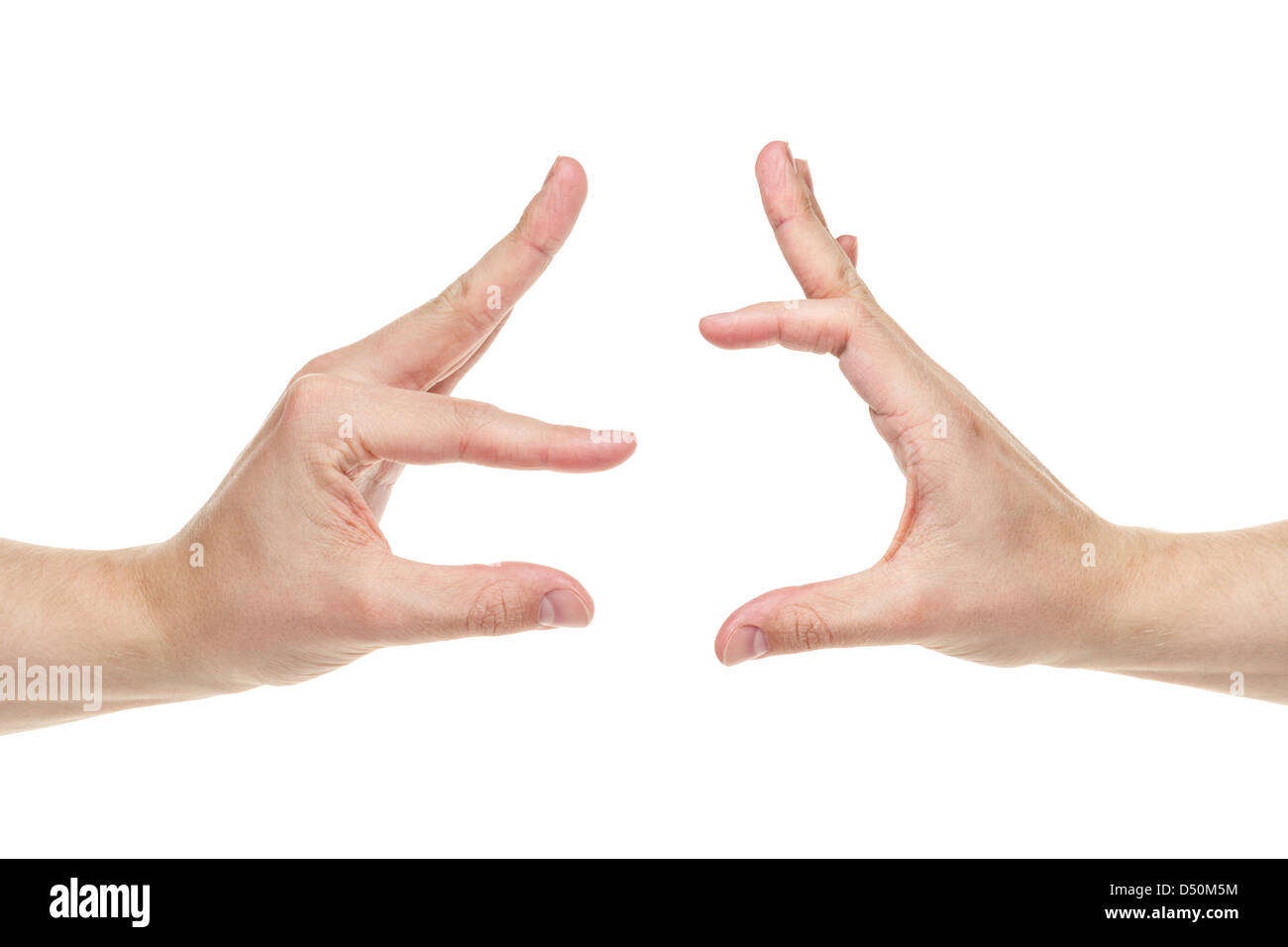 adult man hands compares something, isolated on white Stock Photo - Alamy