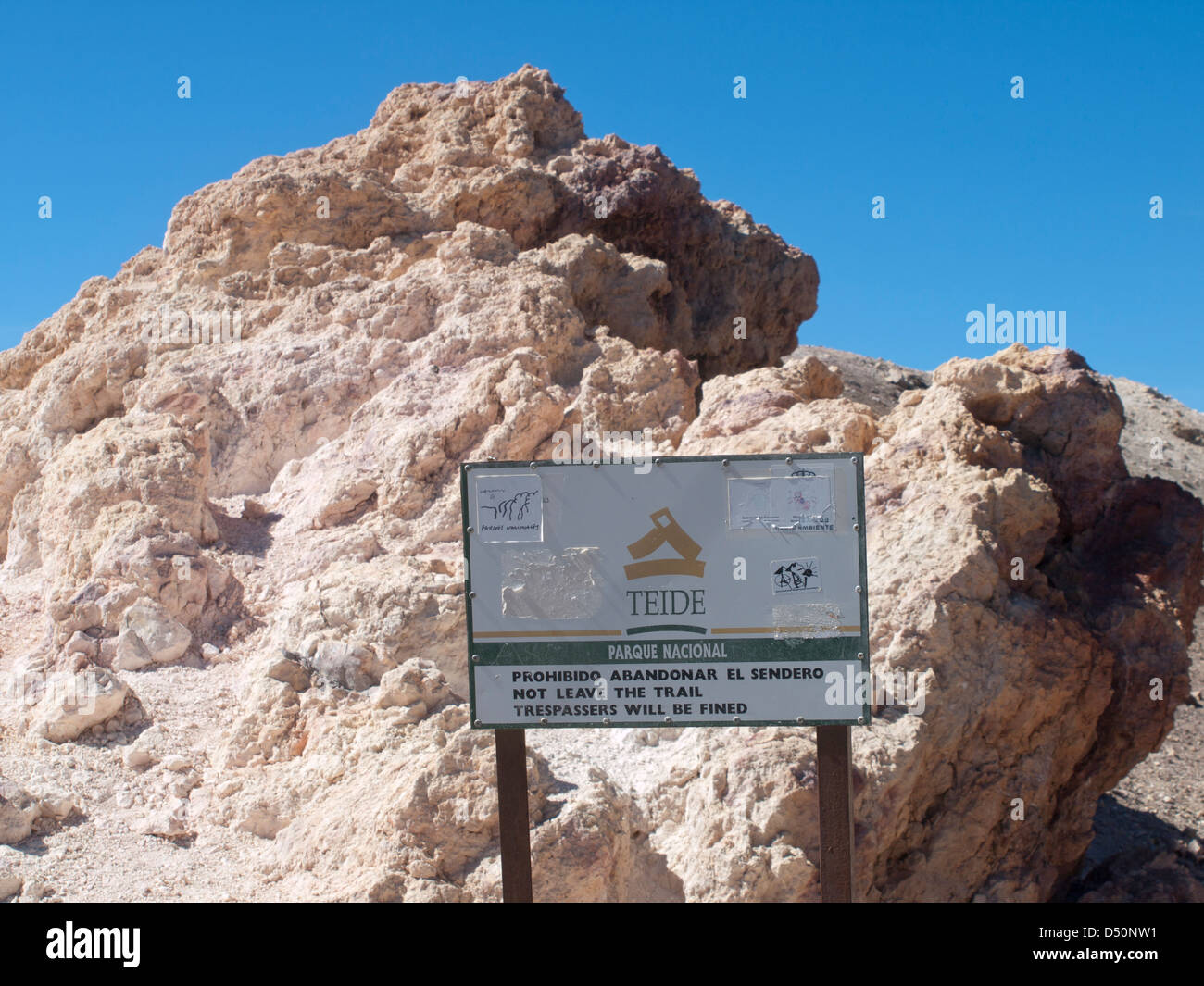 Information board for visitors to mount Teide volcano set in front of a ...