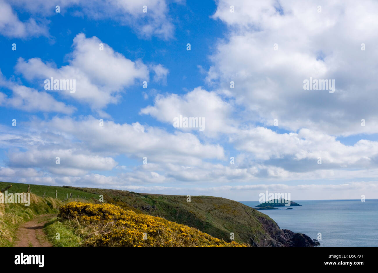 Cliff path in Ballycotton, Co. Cork with a view of the lighthouse in ...