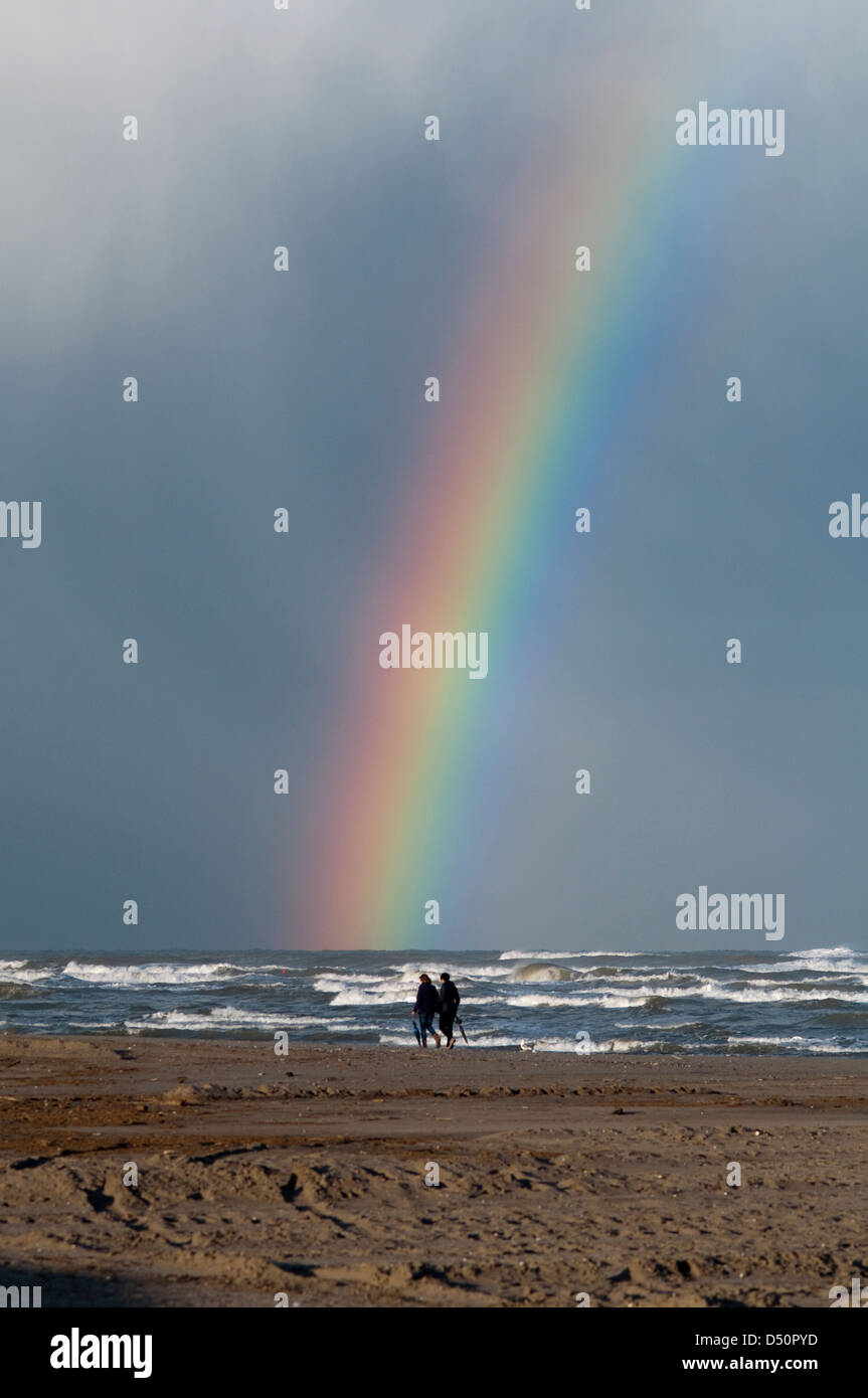 Italy, Emilia Romagna, Ravenna, Beach near Porto Corsini, Rainbow Stock ...