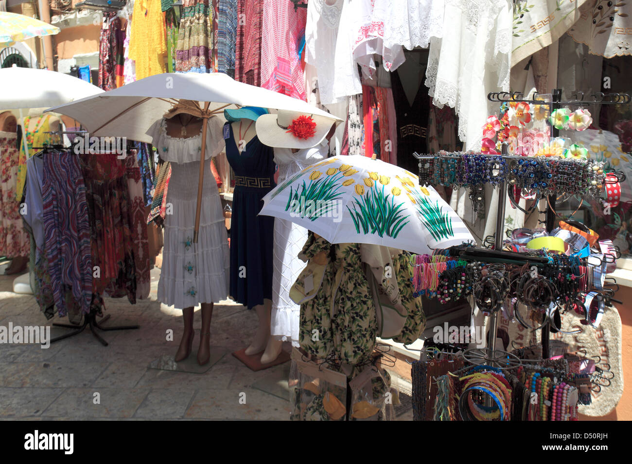 Tourist shops in the Jewish Quarter, Corfu Town, Corfu Island, Greece ...