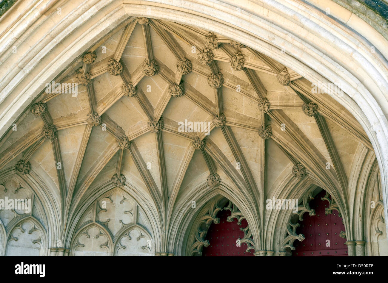 Vaulted entrance porch and decorated style 14th century stone tracery ...