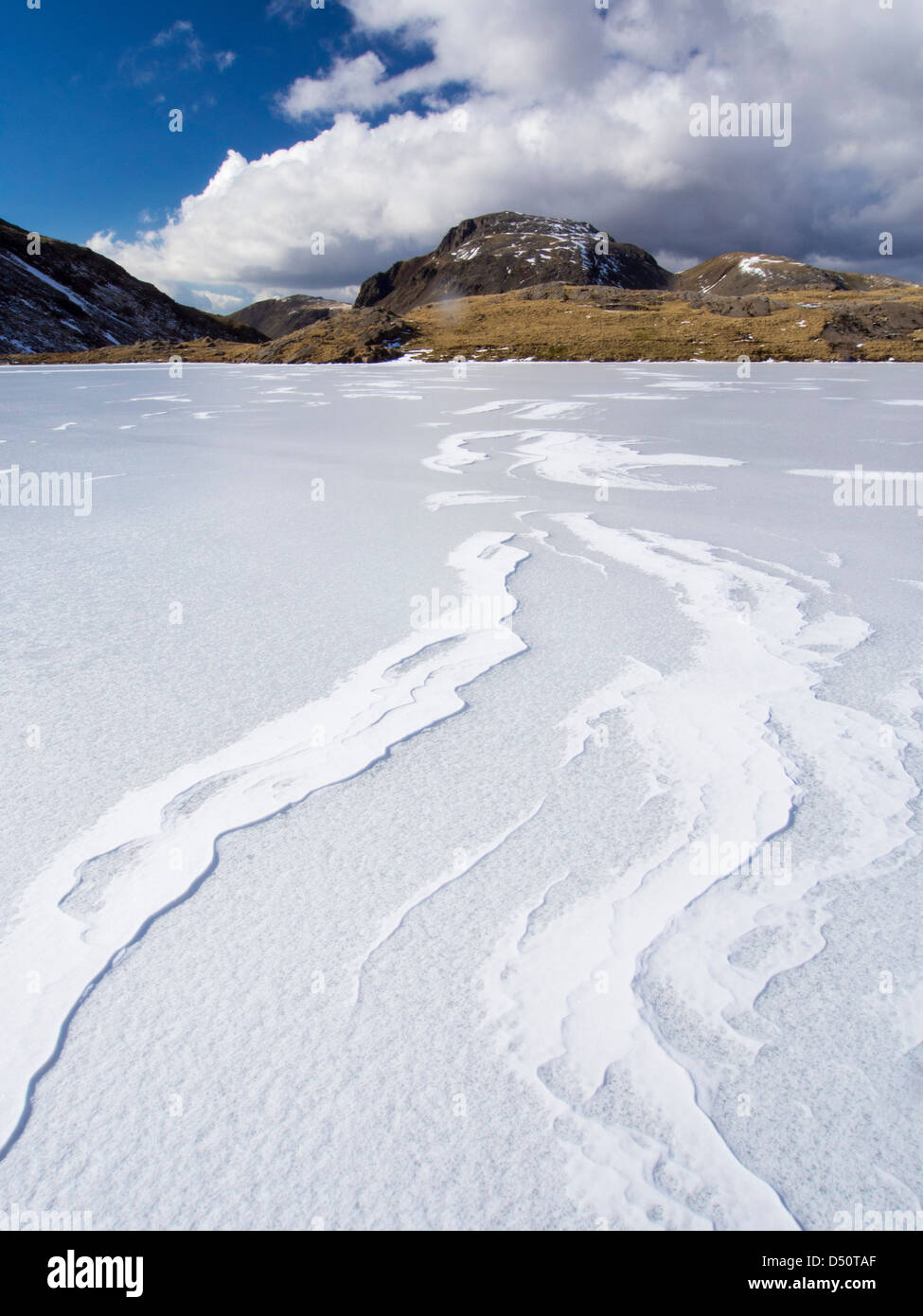 Ice on Sprinkling tarn at the head of Borrowdale, Lake District, UK ...