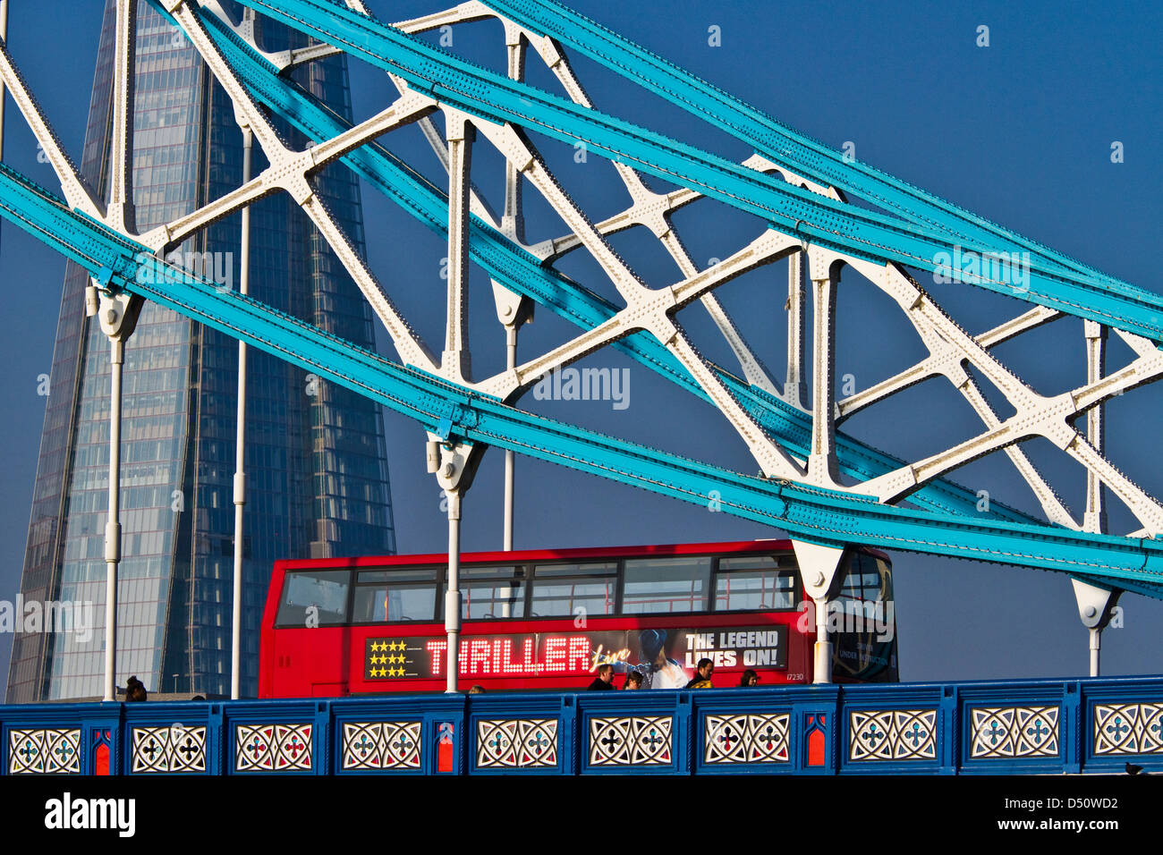 Red bus on Tower bridge & The Shard Stock Photo - Alamy