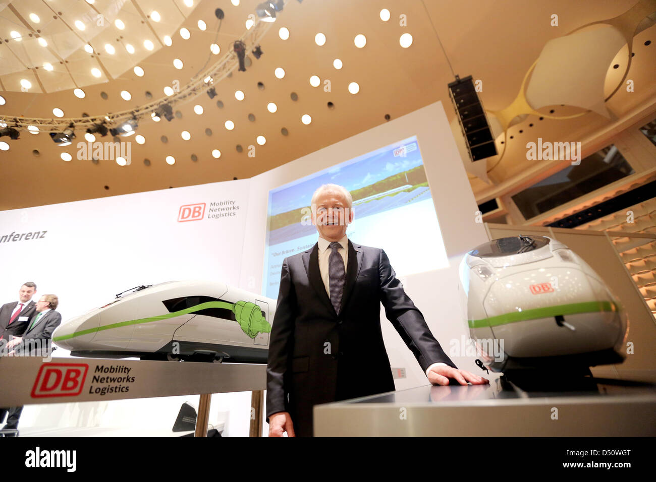 CEO of Deutsch Bahn Ruediger Grube poses next to a model of an ICE ...