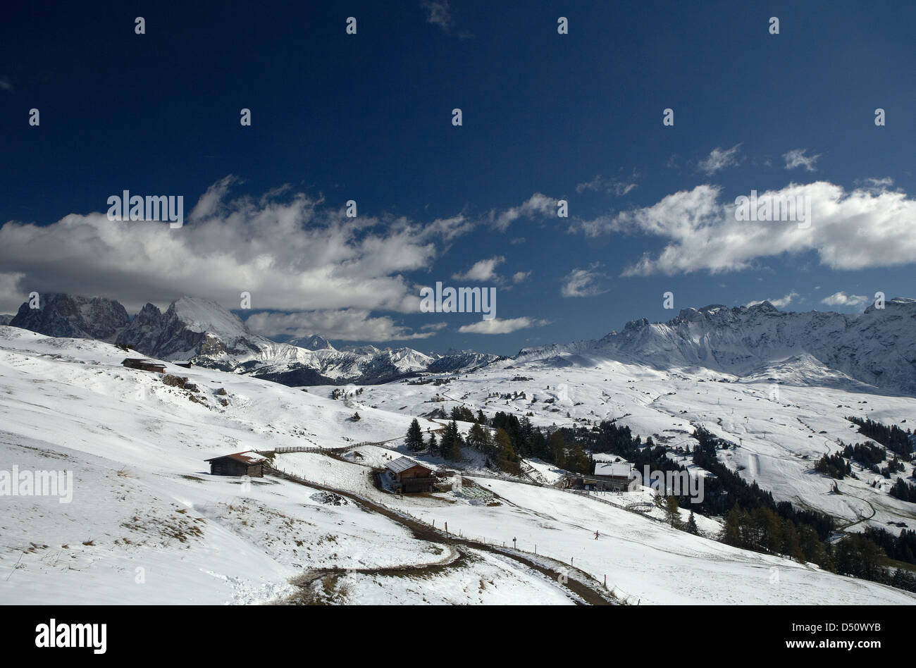 Compatsch, Italy, overlooking the snow-covered valley of the Seiser Alm ...