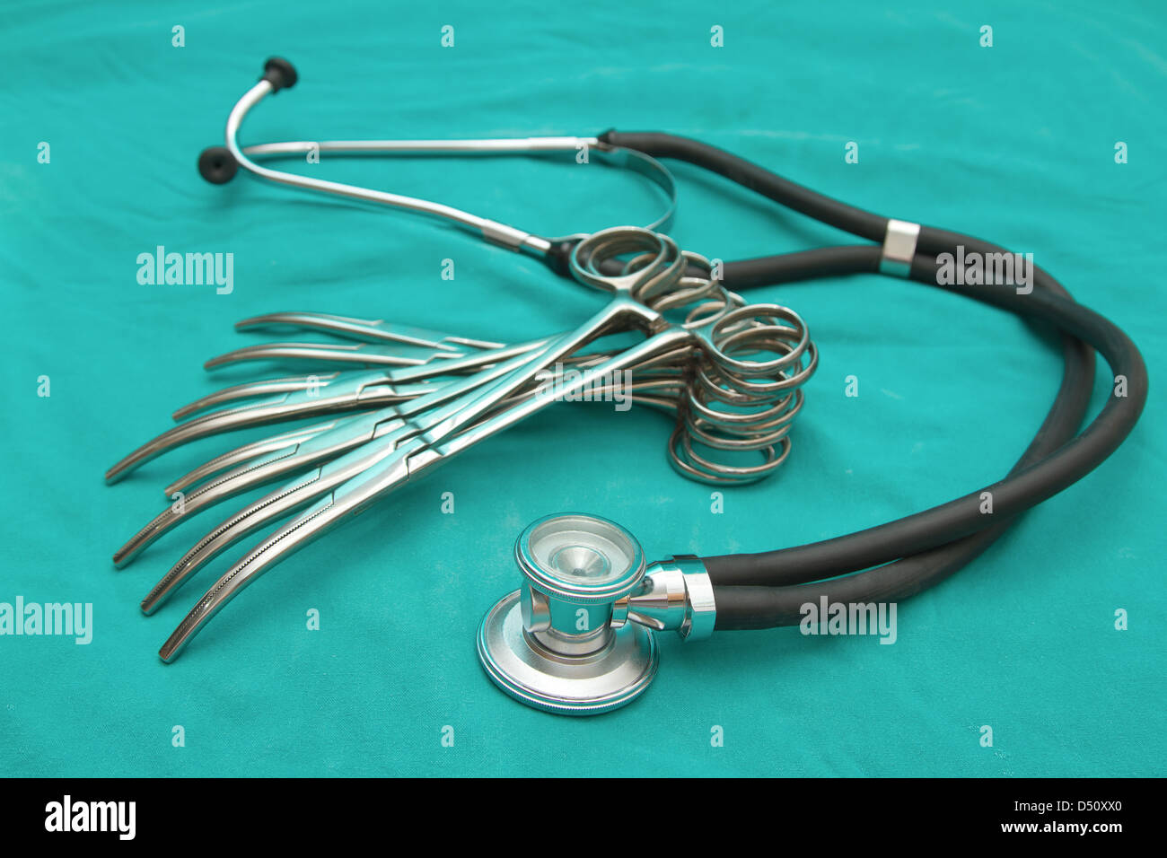 Stethoscope and surgery instrument set on operation room Stock Photo ...