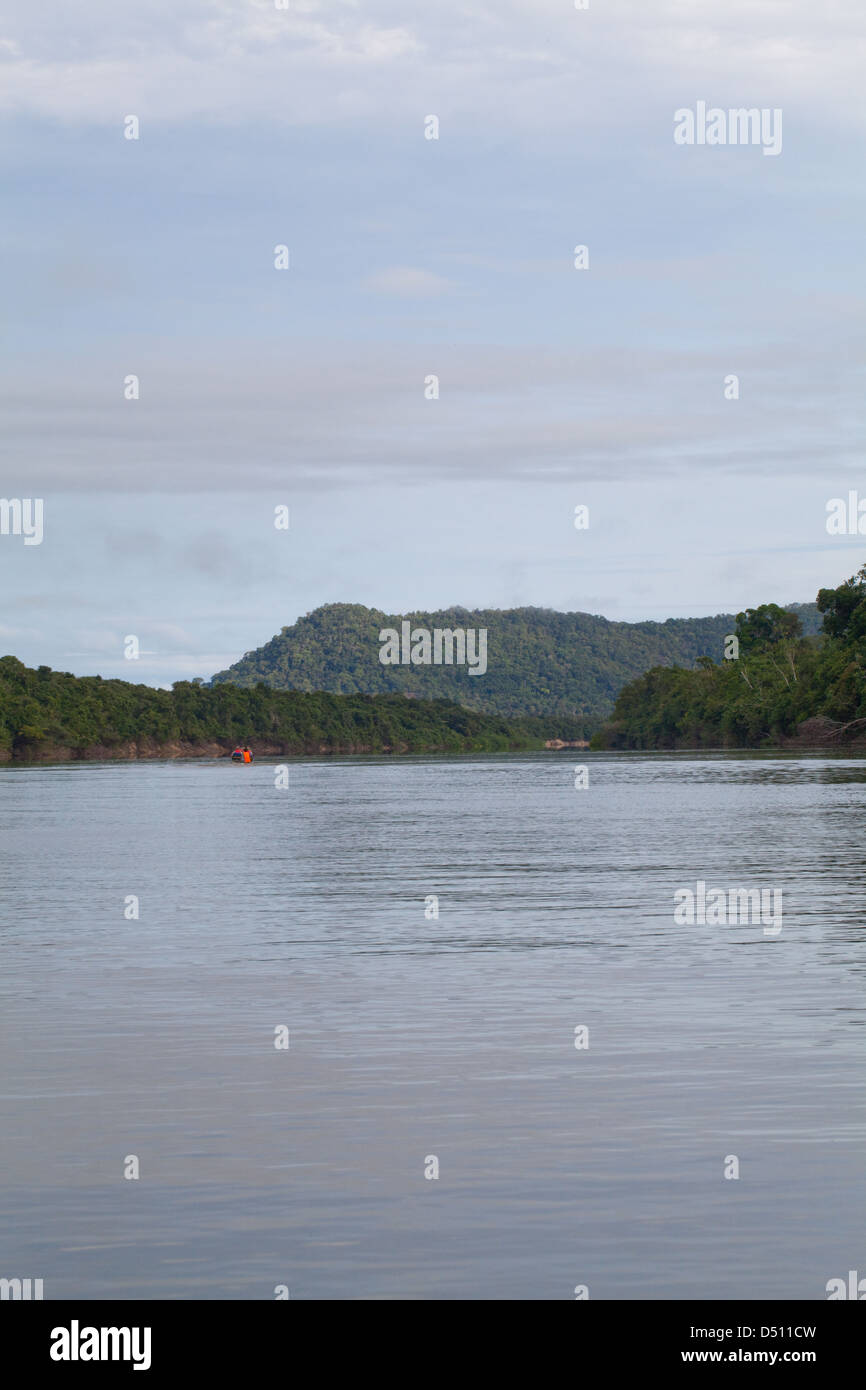 Rupununi River. Travelling by boat, having left Rewa Village and Eco ...