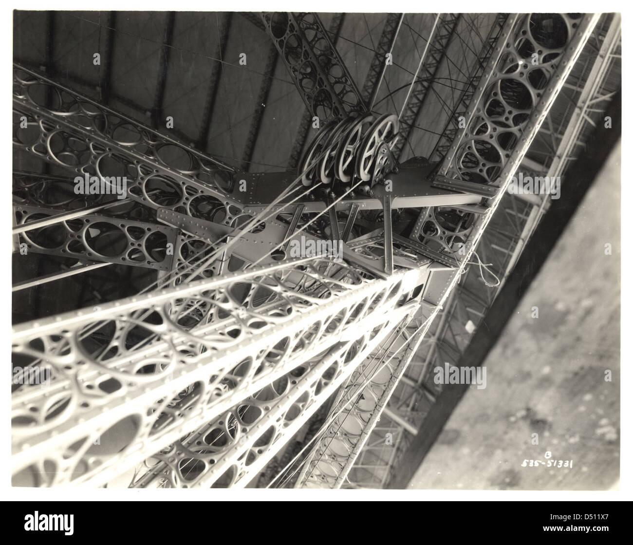 A photograph from 1933 depicting the control wires and pulleys used in ...