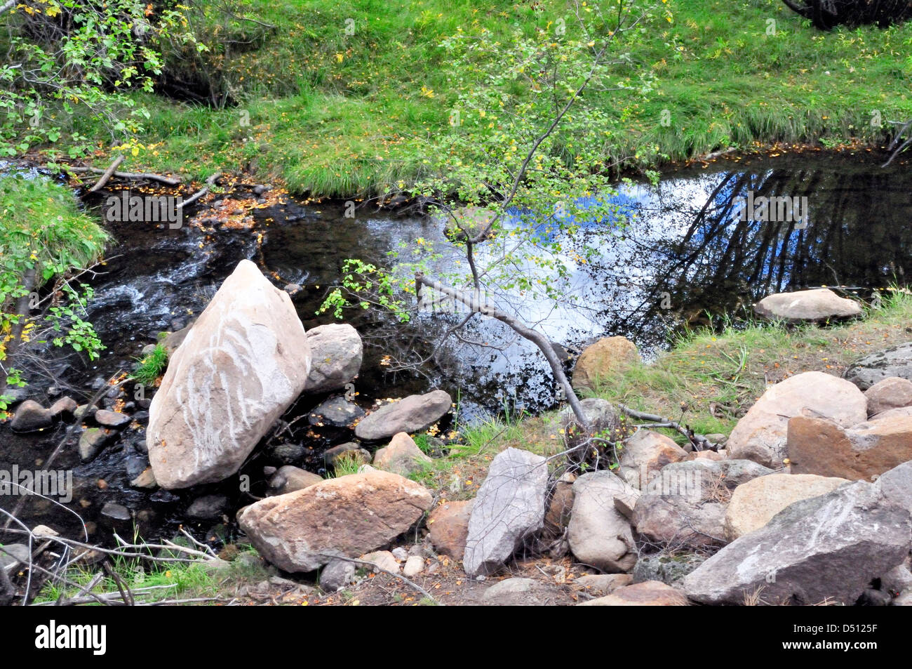 Rocks line the Santa Clara River in the Pine Valley Recreation Area ...