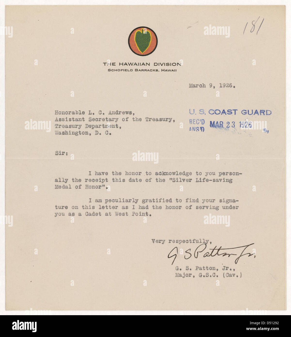 A letter of receipt signed by Major George S. Patton, part of the U.S ...