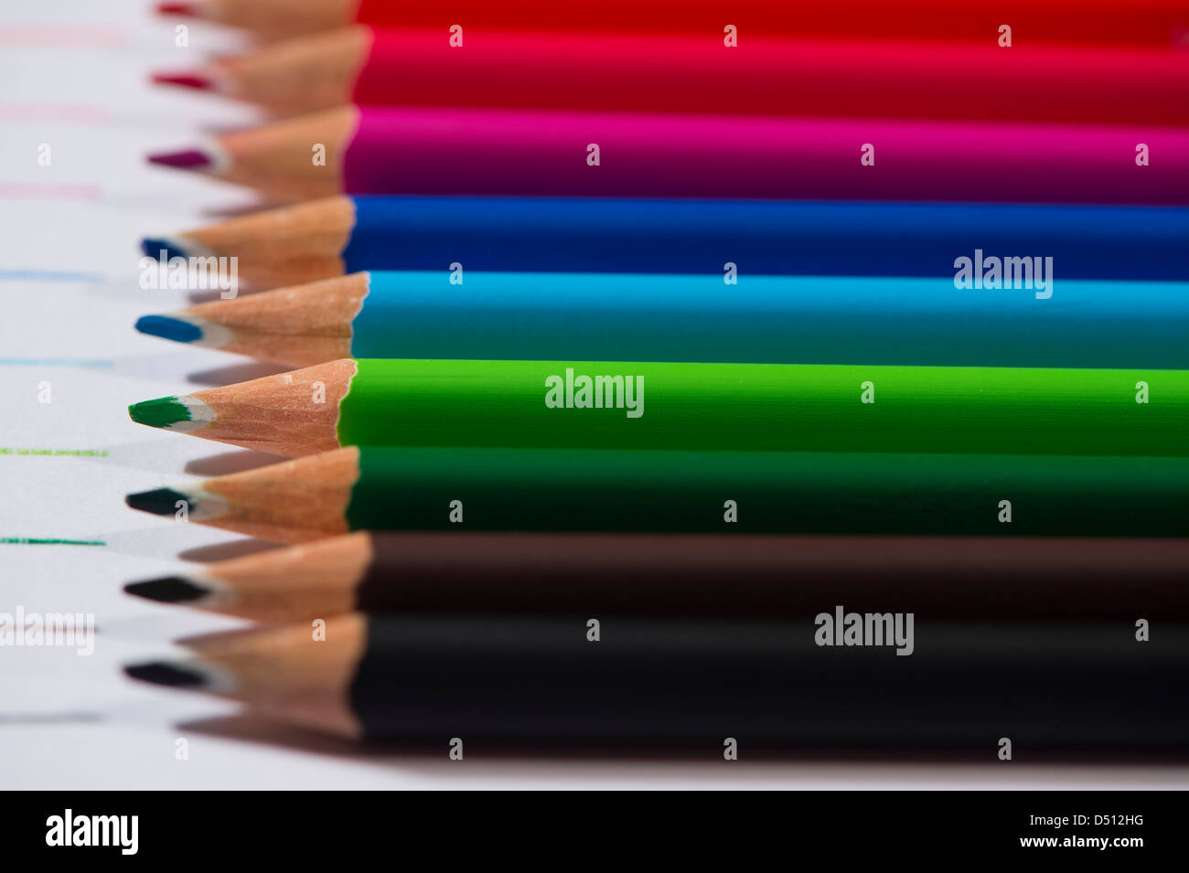 Close-up detail of sharp colourful pencil crayons laid side by side on ...